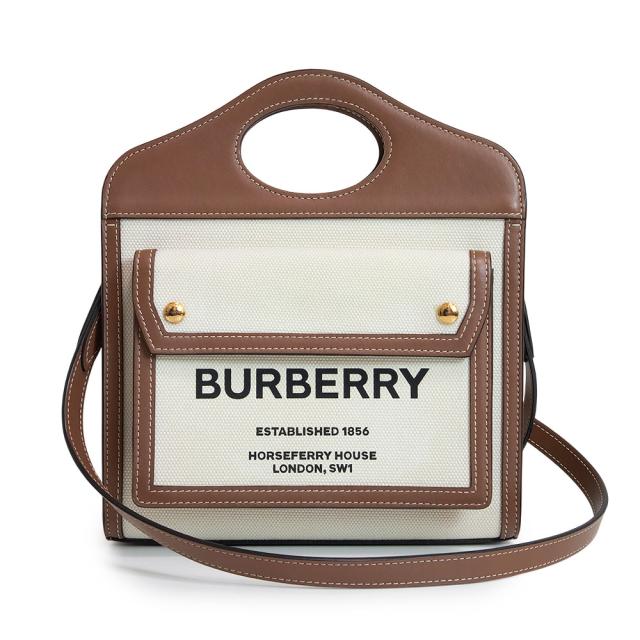 （未使用　展示品）バーバリー BURBERRY ミニ ポケットバッグ ショルダーバッグ 斜め掛け コットンキャンバス カーフスキン レザー ナチュラル モルトブラウン ゴールド金具 8039361