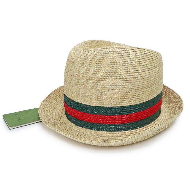（新品・未使用品）グッチ GUCCI ウーブン ストロー ウェブストライプ ハット 麦わら 中折れ 帽子 #S 56cm コットン レーヨン ナチュラル ベージュ 434760