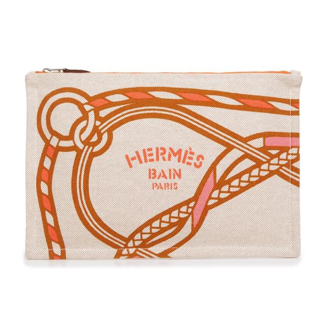 （未使用　展示品）エルメス HERMES トレサージュ マラン GM フラットポーチ クラッチバッグ 紐 ロープ柄 コットン タン オレンジ ローズ ライトブラウン ベージュ ピンク シルバー金具
