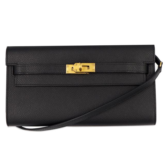 （新品・未使用品）エルメス HERMES ケリーロング トゥーゴー ショルダーウォレット ポシェット クラッチバッグ 斜め掛け 二つ折り長財布 ヴォーエプソン レザー Noir ノワール ブラック ゴールド金具 U刻印
