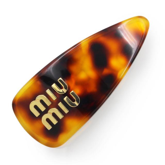 （新品・未使用品）ミュウミュウ miu miu ロゴ バレッタ ヘアクリップ 髪留め ヘアアクセサリー プラスチック TARTARUGA ブラウン ゴールド金具 5IF150 箱付