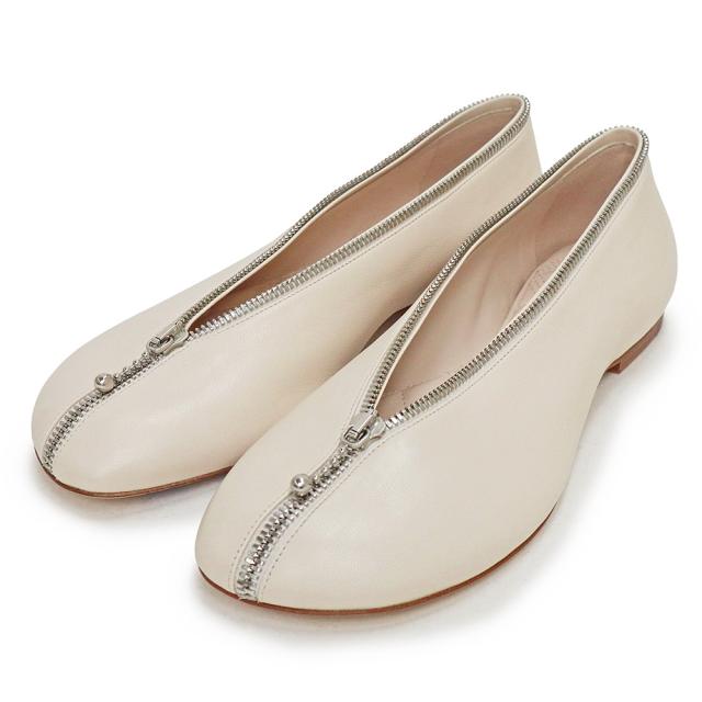 （未使用保管品）バーバリー BURBERRY サドラー ジップ バレリーナ シューズ パンプス 靴 #36 23cm ラムスキン レザー オフホワイト シルバー金具 8086210