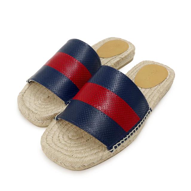 （未使用保管品）グッチ GUCCI エスパドリーユ シェリーライン サンダル 靴 #9 28cm レザー 麻 リネン ベージュ ネイビー レッド 624985