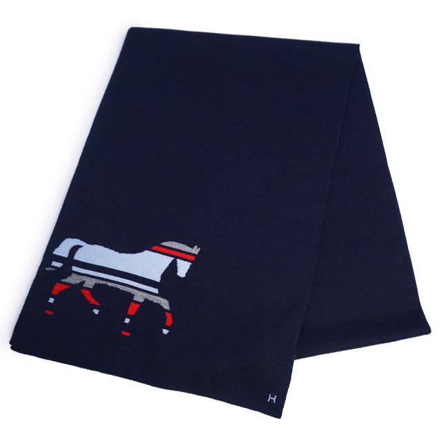 （新品・未使用品）エルメス HERMES クラン エケストル Clan Equestre ニットマフラー カシミヤ 70% シルク30％ マリン マリーヌ ルージュ シエル ネイビー 箱付
