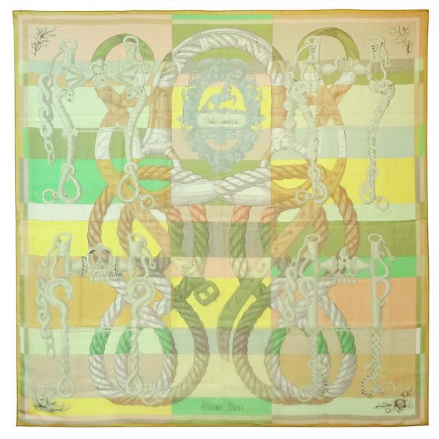 （新品・未使用品）エルメス HERMES カレジェアン 140 モスリン Della Cavalleria デッラ カヴァッレリア スカーフ ショール ストール シフォン シルク100％  ヴェールアブサン グリーン イエロー 箱付