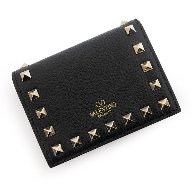 （新品・未使用品）ヴァレンティノ ガラヴァーニ Valentino Garavani ロックスタッズ コンパクトウォレット 二つ折り財布 カーフスキン レザー ブラック ライトゴールド金具 4W2P0P39VSH 箱付