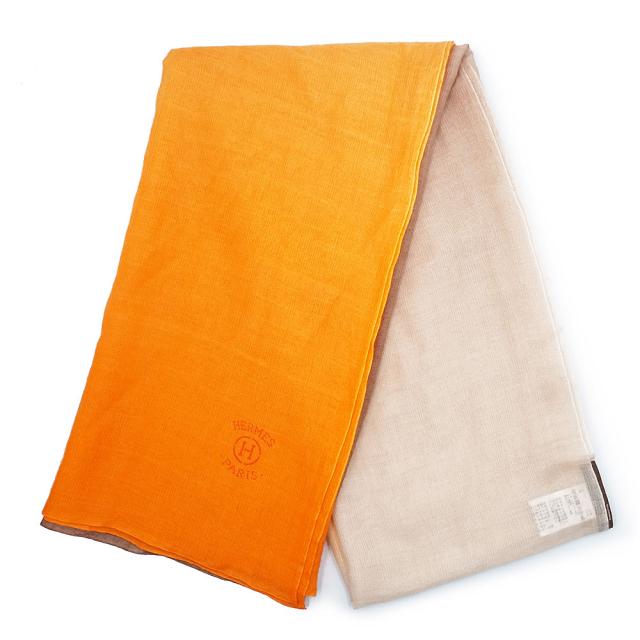（中古）エルメス HERMES エトール プリュム スカーフ ストール ショール マフラー カシミア75％ シルク25％ グラデーション オレンジ ベージュ