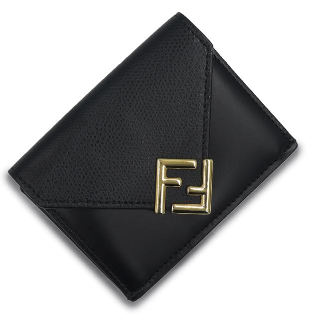 （美品）フェンディ FENDI FF ダイヤモンド コンパクト 三つ折り財布 カーフスキン レザー ブラック ゴールド金具 8M0480 箱付