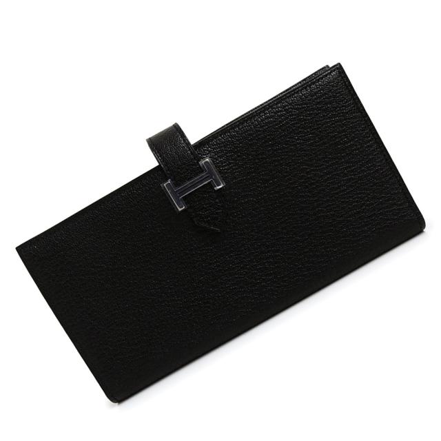 （新品・未使用品）エルメス HERMES ベアン スフレ 二つ折り長財布 シェブル シェーブルミゾール レザー Noir ノワール ブラック シルバー金具 C刻印 箱付