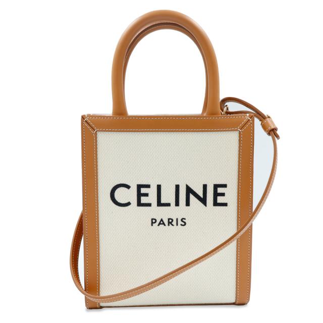 （中古）セリーヌ CELINE ミニ バーティカル カバ 2way ショルダー ハンドバッグ 斜め掛け コットン カーフスキン レザー ナチュラル タン ブラウン ゴールド金具 193302BNZ