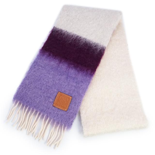 （新品同様品）ロエベ LOEWE アナグラム ストライプ スカーフ マフラー カーフスキン レザー モヘア ウール パープル ホワイト F811257X22