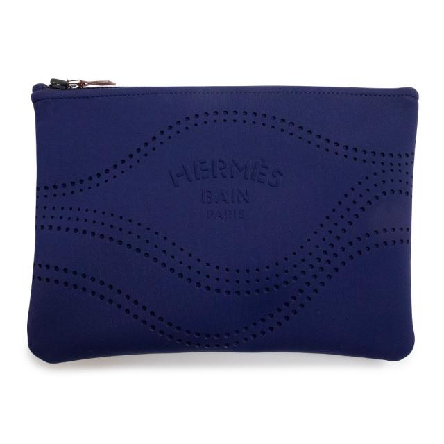 （新品・未使用品）エルメス HERMES フラットポーチ ネオバン ウェーブ MM ポーチ ポリアミド エラスタン ネイビー マットブラック金具