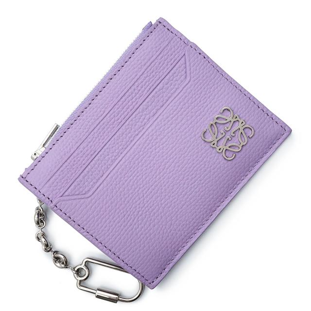 （未使用　展示品）ロエベ LOEWE アナグラム スクエア カードホルダー カードケース 名刺入れ 定期入れ パスケース ケース 小銭入れ 財布 キーフック付き ペブルグレインカーフスキン レザー ライトモーヴ パープル シルバー金具 C821R89X01