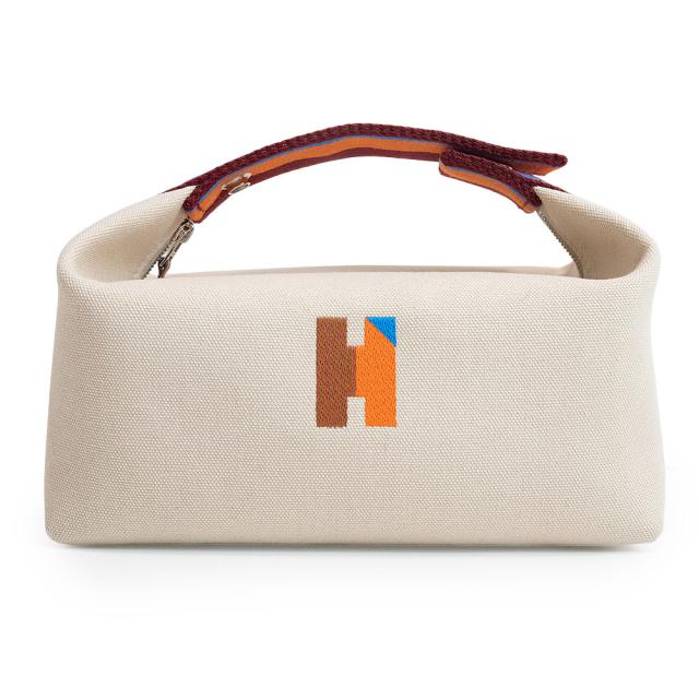 （未使用保管品）エルメス HERMES ブリッド ア ブラック PM Hパヴィヨン バニティ ポーチ セカンド ハンドバッグ コットン100％ キャンバス ナチュラル ベージュ シルバー金具