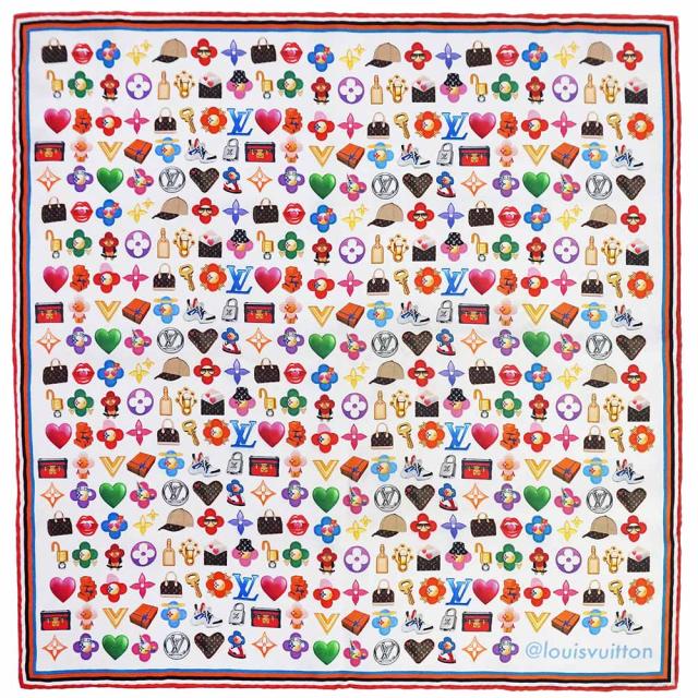 （中古）ルイ ヴィトン LOUIS VUITTON カレ バンダナ LV文字 ヴィヴィエンヌ スカーフ シルク100％ ホワイト マルチカラー M77355 箱付