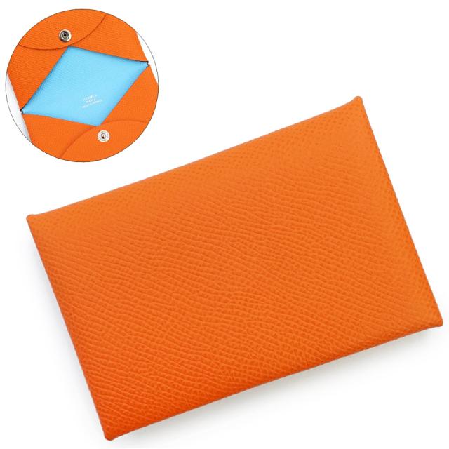 （新品・未使用品）エルメス HERMES カルヴィ ヴェルソ カードケース パスケース 名刺入れ 定期入れ ヴォーエプソン レザー オレンジ セレスト セレステ ライトブルー シルバー金具 B刻印 箱付