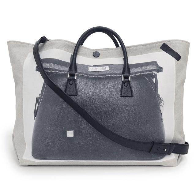 （未使用　展示品）メゾン マルジェラ Maison Margiela トロンプルイユ 5AC トート 2way ショルダー ハンドバッグ 斜め掛け リネン レザー ベージュ ホワイト ブラック シルバー金具 SB3WC0001