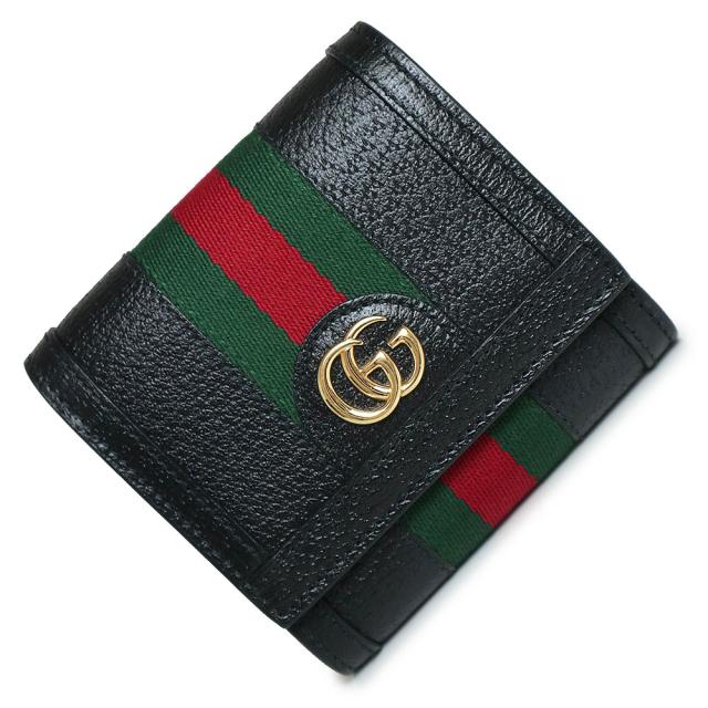 （新品・未使用品）グッチ GUCCI オフィディア ウェブ ストライプ GGマーモント 二つ折り財布 カーフスキン レザー ブラック ゴールド金具 719887 箱付