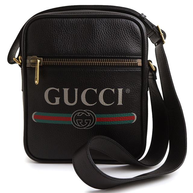 （未使用　展示品）グッチ GUCCI ロゴ プリント メッセンジャー ショルダーバッグ 斜め掛け レザー ブラック アンティークゴールド金具 523591