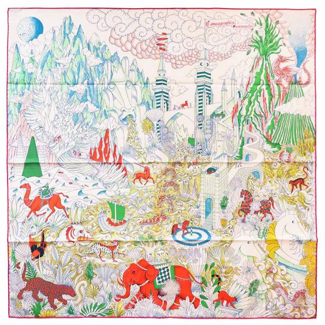 （美品）エルメス HERMES カレ 90 Cosmographia Universalis 宇宙誌 スカーフ シルク100％ ブラン ヴェール コライユ ホワイト 箱付