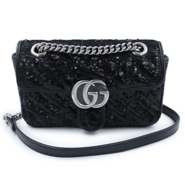 （未使用　展示品）グッチ GUCCI GGマーモント スモール チェーン 2WAY ショルダー ハンドバッグ 斜め掛け スパンコール レザー ブラック シルバー金具 446744