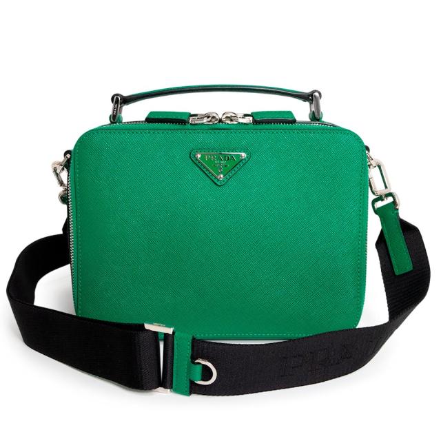 （未使用　展示品）プラダ PRADA ブリック 三角ロゴ トライアングル 2Way ショルダー ハンドバッグ 斜め掛け サフィアーノ レザー マンゴー グリーン シルバー金具 2VH069