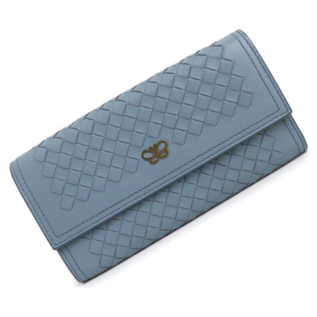 （美品）ボッテガヴェネタ BOTTEGA VENETA イントレチャート コンチネンタルウォレット 二つ折り財布 ラムスキン レザー ブルー ガンメタル金具 543898 箱付