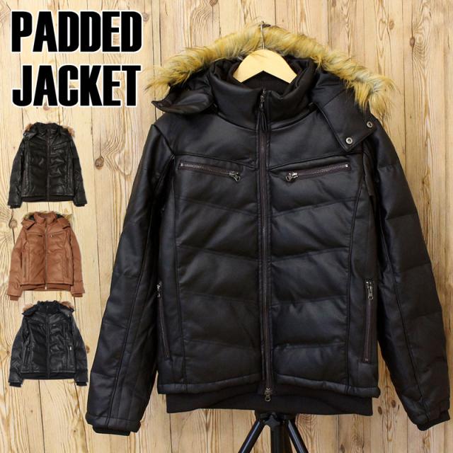 送料無料 撥水加工 フード＆ファー脱着式 3WAY PU中綿ジャケット Wフロント Wzip ジャケット アウター ブルゾン