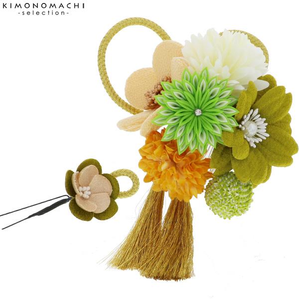 成人式 髪飾り つまみ細工 髪飾り2点セット「グリーン お花と剣つまみのお花、絞り玉」髪飾り 卒業式の袴に 絞り玉飾り フラワーコーム＜H＞ss2512wkk10