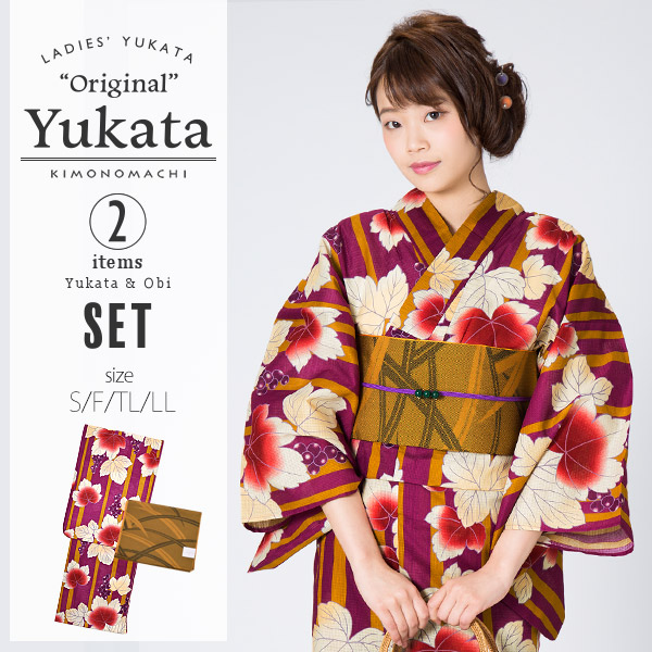 KIMONOMACHI 浴衣セット「紫色 葡萄蔦」浴衣、浴衣帯 S、F、TL、LL 京都きもの町オリジナル 綿浴衣 [送料無料]ss2512ykl25