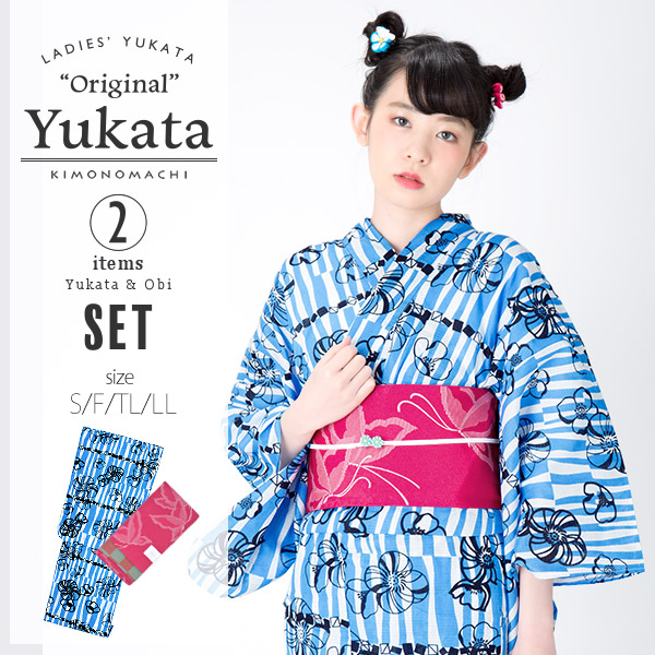 KIMONOMACHI 浴衣セット「ブルー レトロフラワー」浴衣、浴衣帯 S、F、TL、LL 京都きもの町オリジナル 綿浴衣 [送料無料]ss2512ykl20