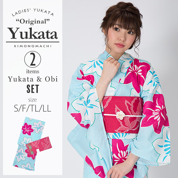 KIMONOMACHI 浴衣セット「水色 鉄線」S,F（フリー）,TL,LL 女性浴衣セットss2512ykl20