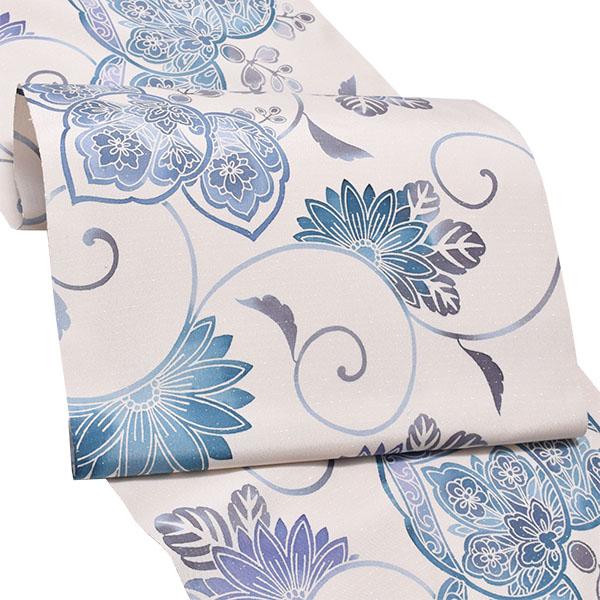 【Prices down2】大島染め名古屋帯「白鼠地 薄藍に桐と菊」本場大島紬 正絹帯 九寸帯 正絹名古屋帯 日本製 絹 未仕立て 新品 未使用 【メール便不可】＜T＞ss2512ong45