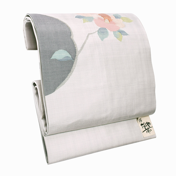 正絹名古屋帯 「灰白色 枝椿」 お仕立て上がり名古屋帯 お太鼓柄 洒落帯 九寸名古屋帯 カジュアル レディース 洒落帯 【メール便不可】ss2512ong10