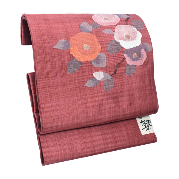 正絹名古屋帯 「赤色 椿」 お仕立て上がり名古屋帯 お太鼓柄 洒落帯 九寸名古屋帯 カジュアル レディース 洒落帯 【メール便不可】ss2512ong10