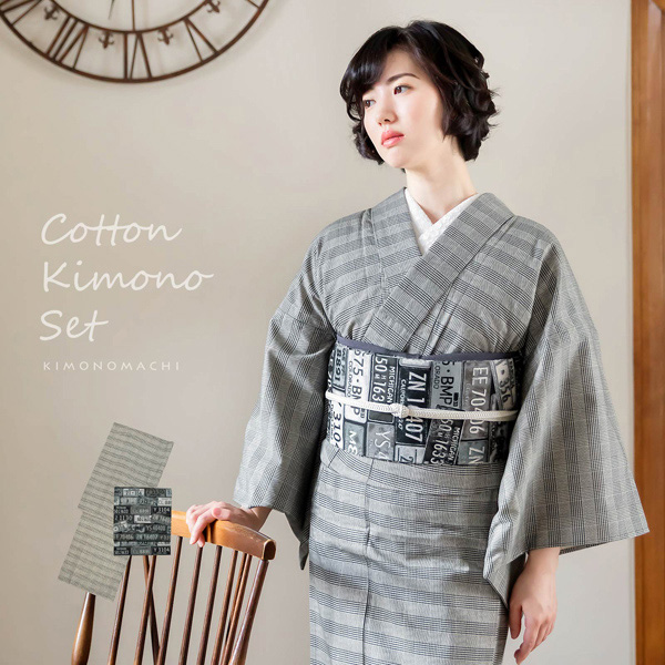 洗える着物 木綿着物と木綿名古屋帯の2点セット「グレーグレンチェック+ナンバープレート」サイズ M/L  木綿きものセット コーディネート済み着物セット コットン着物 コットン帯 小紋 単衣 レディース カジュアル着物 キモノ 【メール便不可】　KIMONOMACHI オリジナル