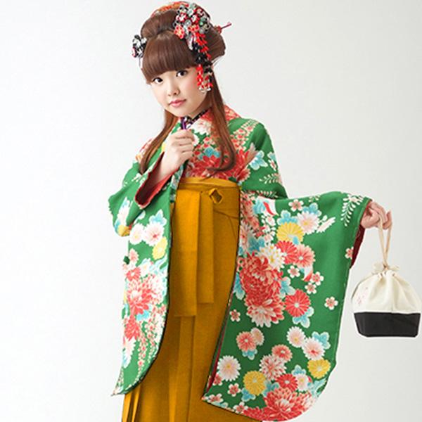 【中古品】袴セット レディース 卒業式 「二尺袖：緑 菊と藤の花+袴：金茶×菊 刺繍」貸衣装処分 レンタル処分品 二尺袖 袴 卒業式 謝恩会に 【メール便不可】ss2512hkm30