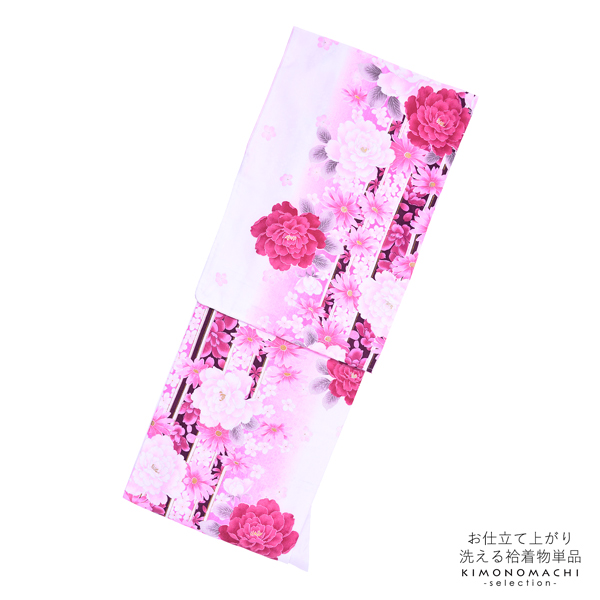 袷着物 単品「ピンクぼかし 牡丹とマーガレット」フリーサイズ 着物 小紋 洗える着物 お仕立て上がり 普段着きもの カジュアル着物 レディース ポリエステル 【メール便不可】ss2512kck35