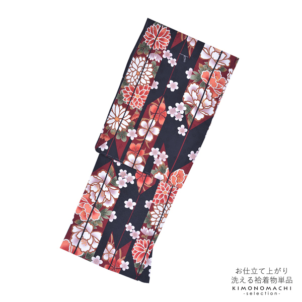 袷着物 単品「黒地 矢羽根に菊、牡丹、撫子」フリーサイズ 着物 小紋 洗える着物 お仕立て上がり 普段着きもの カジュアル着物 レディース ポリエステル 【メール便不可】ss2512kck35