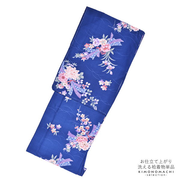 【Prices down】袷着物 単品「紺 菊・桜・熨斗」フリーサイズ 着物 小紋 洗える着物 お仕立て上がり 普段着きもの カジュアル着物 レディース ポリエステル 【メール便不可】ss2512kck15
