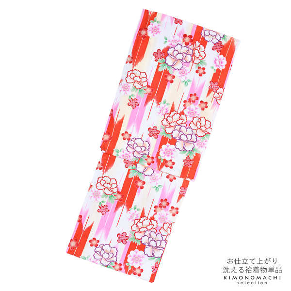 【Prices down】袷着物 単品「ピンク×朱色矢羽根に牡丹と桜」フリーサイズ 着物 小紋 洗える着物 お仕立て上がり 普段着きもの カジュアル着物 レディース ポリエステル 【メール便不可】ss2512kck40