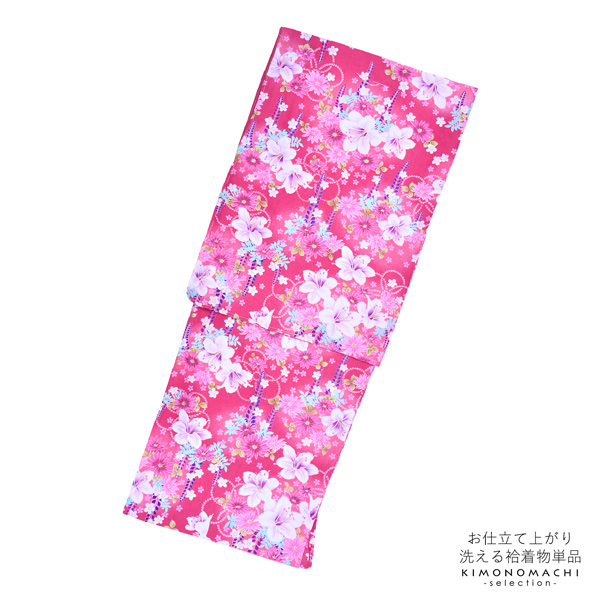 【Prices down】袷着物 単品「ピンク 百合・藤・小桜」フリーサイズ 着物 小紋 洗える着物 お仕立て上がり 普段着きもの カジュアル着物 レディース ポリエステル 【メール便不可】ss2512kck15
