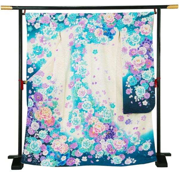【新古品】お仕立て上がり 振袖単品 「白×ブルー 牡丹と八重桜」 振袖 振り袖 成人式 結婚式 結納 パーティー 【メール便不可】ss2512fml10