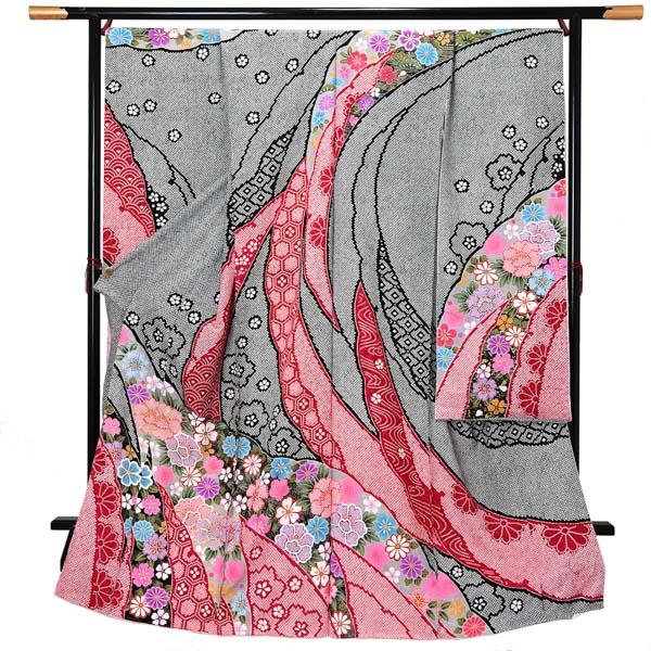 未仕立て 振袖 単品 「黒地 疋田、雪芝取りに牡丹」 仮絵羽 振り袖 正絹 着物 レディース 成人式 結婚式 結納 パーティー 晴れ着 【メール便不可】