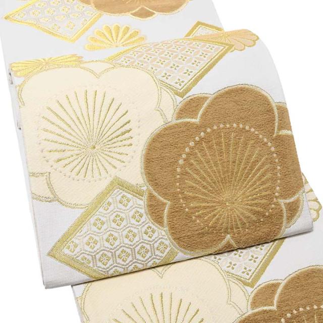 振袖 袋帯 単品「白地、金×香色 菱に梅菊」日本製 お仕立て上がり 振袖用 袋帯 お仕立て済 振袖帯 結婚式 成人式 フォーマル【メール便不可】