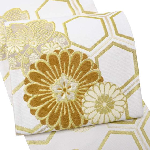 振袖 袋帯 単品「白地、金×香色 二重亀甲に菊桜」日本製 お仕立て上がり 振袖用 袋帯 お仕立て済 振袖帯 結婚式 成人式 フォーマル【メール便不可】