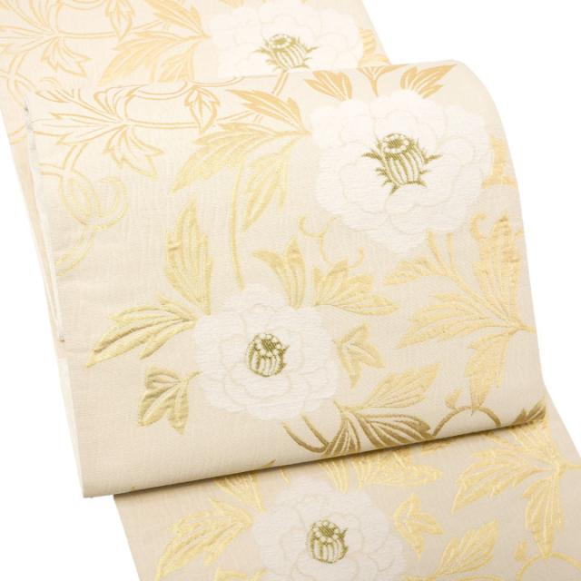 振袖 袋帯 単品「生成り色地、白×金 牡丹唐草」日本製 お仕立て上がり 振袖用 袋帯 お仕立て済 振袖帯 結婚式 成人式 フォーマル【メール便不可】