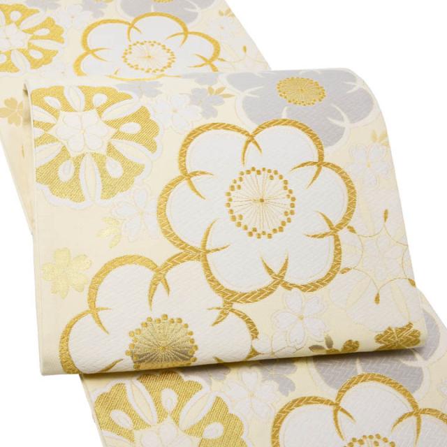 振袖 袋帯 単品「鳥の子色地 白×金 梅」日本製 お仕立て上がり 振袖用 袋帯 お仕立て済 振袖帯 結婚式 成人式 フォーマル【メール便不可】