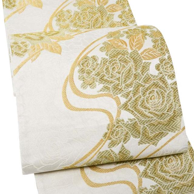 振袖 袋帯 単品「白地、黄金 流水に薔薇」日本製 お仕立て上がり 振袖用 袋帯 お仕立て済 振袖帯 結婚式 成人式 フォーマル【メール便不可】