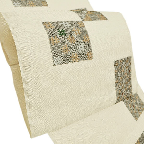 【Prices down2】名古屋帯（未仕立て） 六通柄「生成り 色紙に井桁、幾何学模様」三幸織物謹製 正絹帯 小紋 [送料無料]＜T＞ss2512ong45